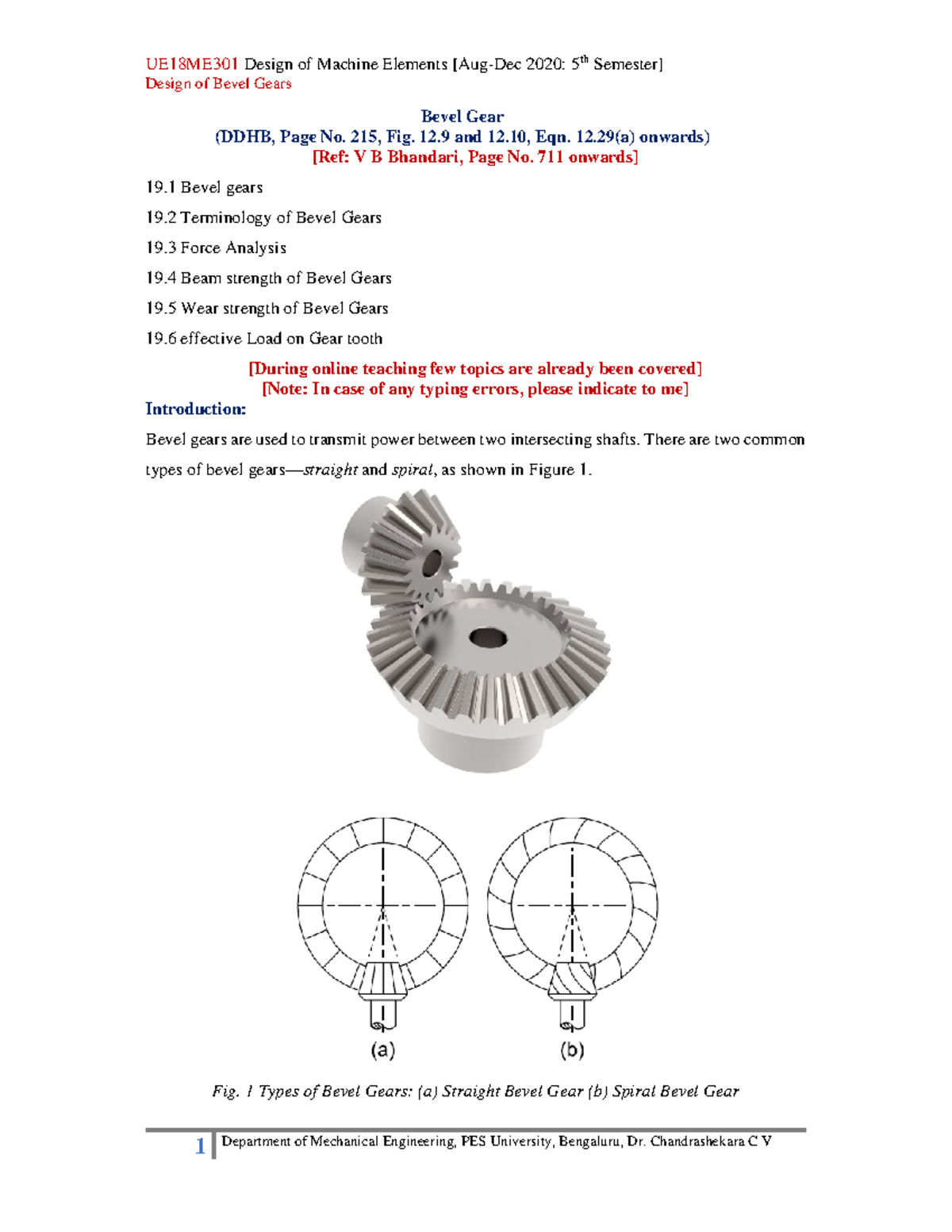 Terminology of Bevel Gears - UE18ME301 Design of Machine Elements [Aug ...