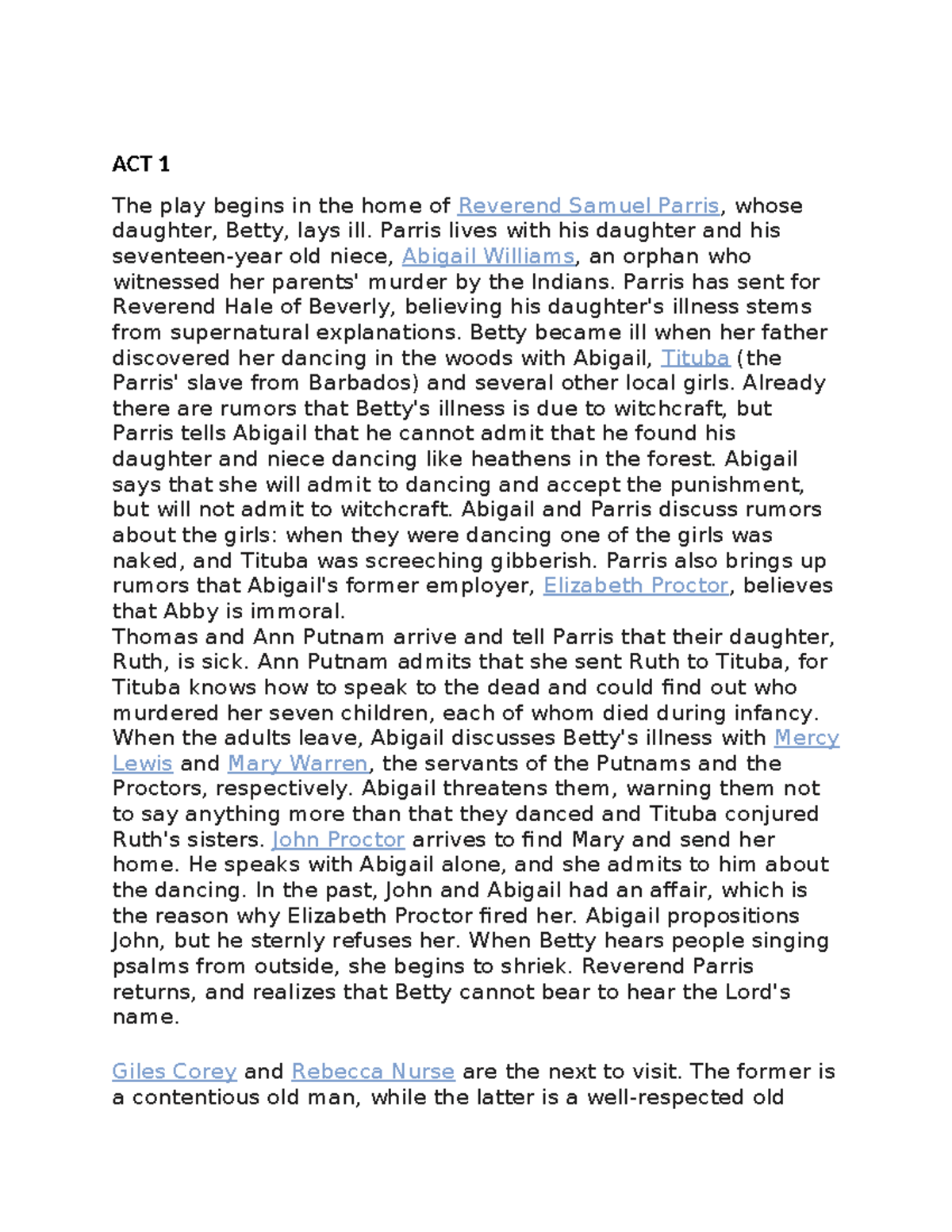 THE Crucible - the summary you can use to know the book - ACT 1 The ...