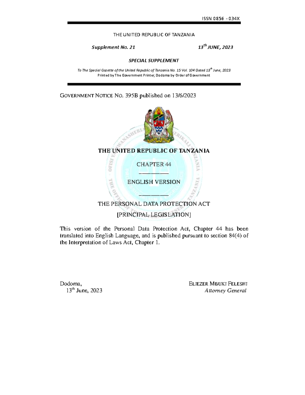 Personal Data Protection Act, Chapter 44 - Government Notice GN. NO ...