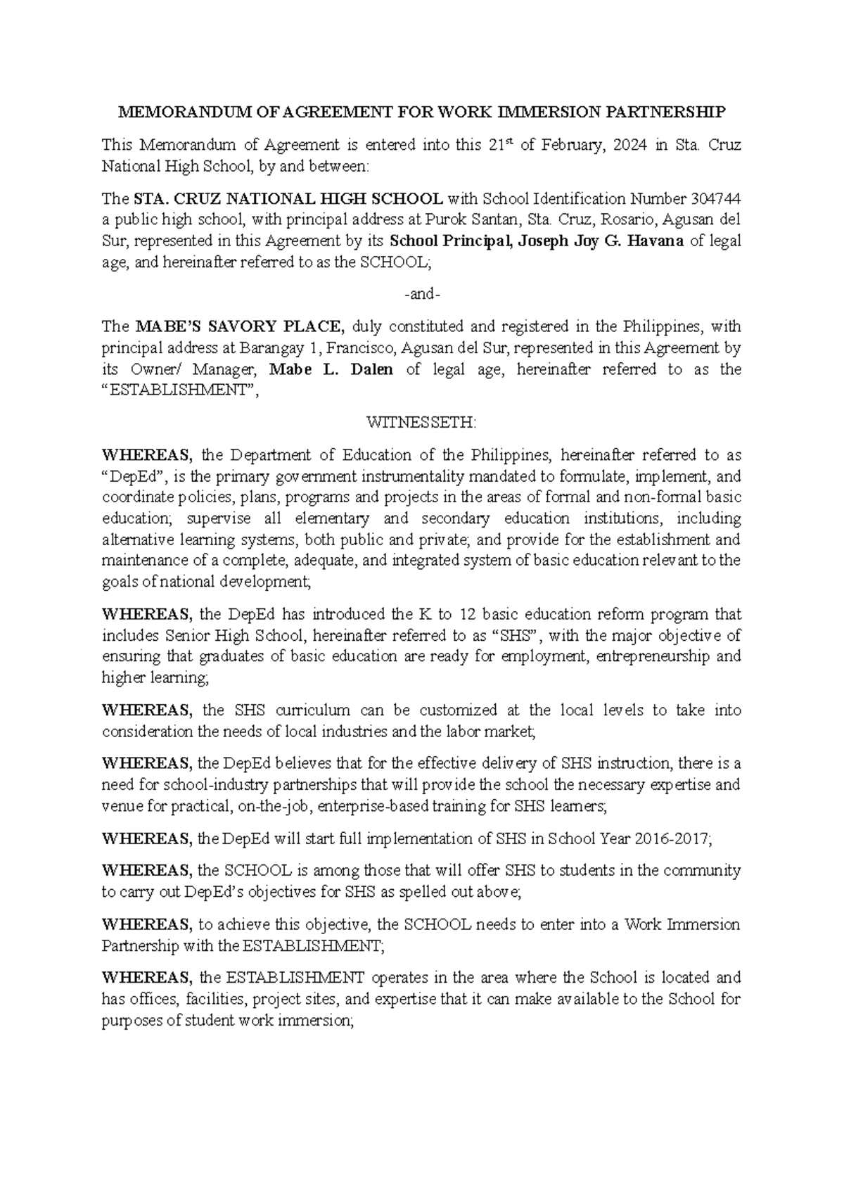 MOA - Work Immersion Partnership Agreement for SHS (2024-2025) - Studocu