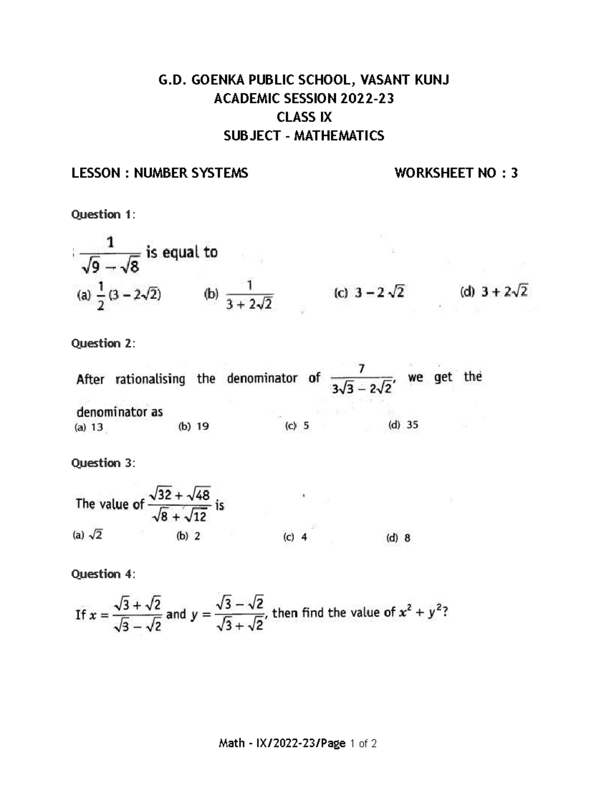 Class 9- Number Systems- Worksheet 3 - Maths Class 9 - G. GOENKA PUBLIC ...