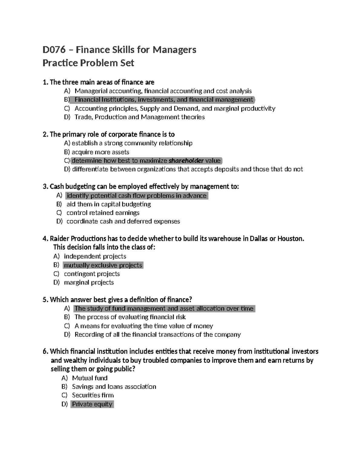 D076 - Finance Practice Problem Set and Solutions - Studocu