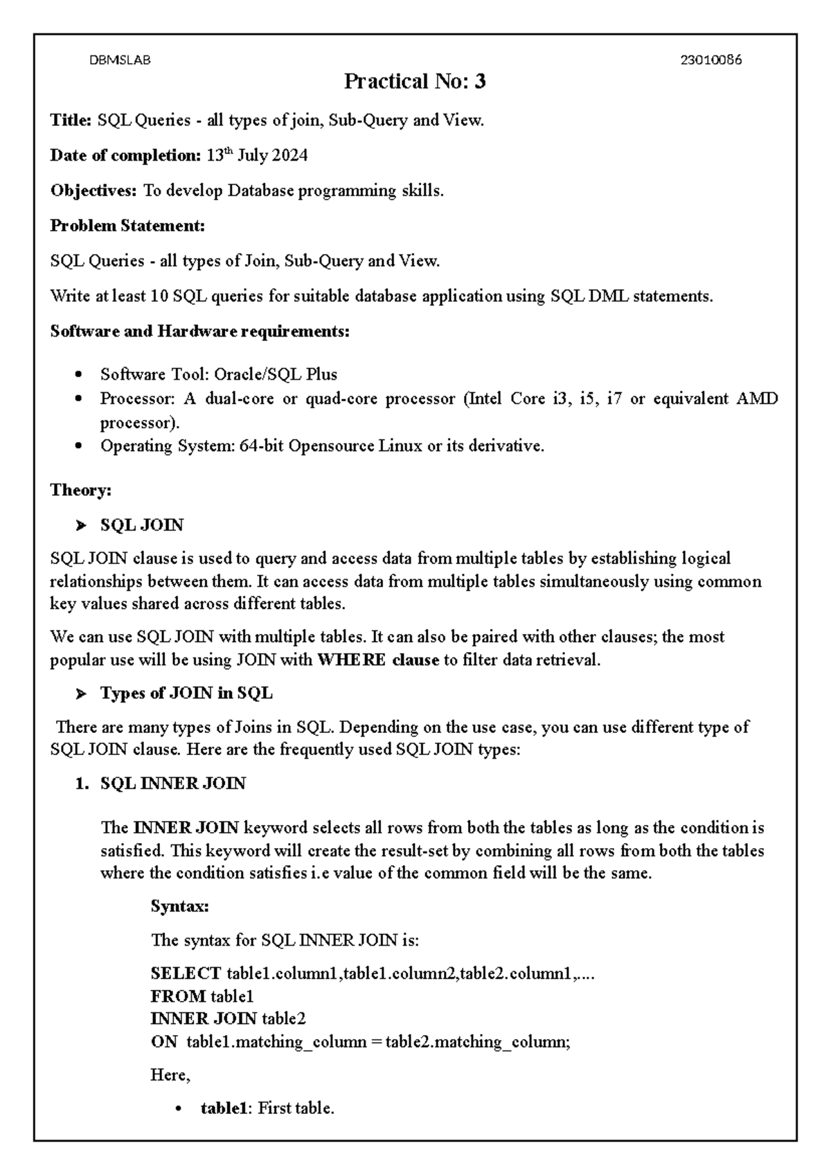 DBMS3 - Practical Guide to Joins, Subqueries, and Views - Studocu