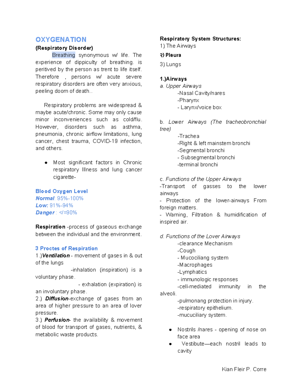 OXYGENATION (Respiratory Disorder) Overview and Key Concepts - Studocu
