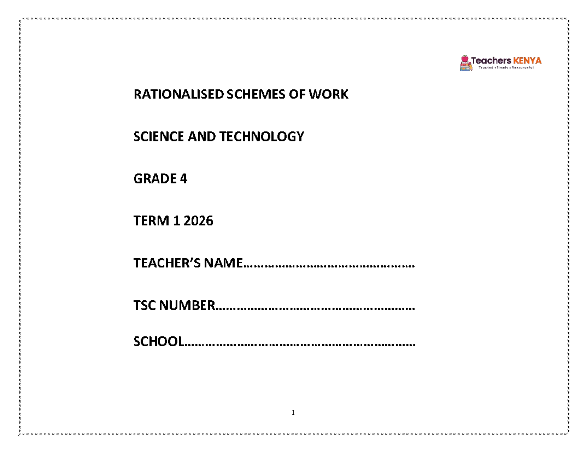 TERM 1 2026 Grade 4 Science & Technology Schemes of Work - Studocu