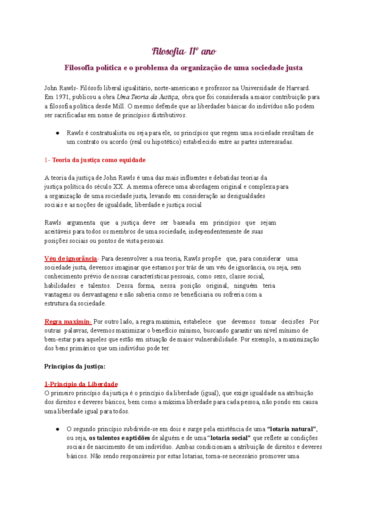 Resumo sobre a Teoria da Justiça de John Rawls - 11º ano - Studocu