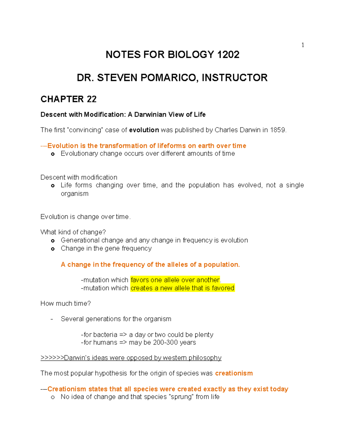 Chapter 22 - Lecture notes 22 - 1 NOTES FOR BIOLOGY 1202 DR. STEVEN ...