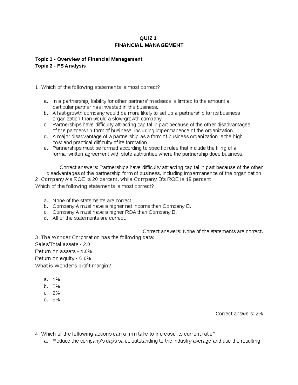 QUIZ 1: Financial Management Overview & FS Analysis - 2021-2022 - Studocu