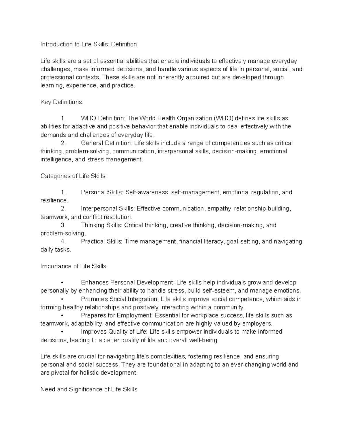 Lifespan Development & Life Skills - Class Notes on Essential Abilities ...