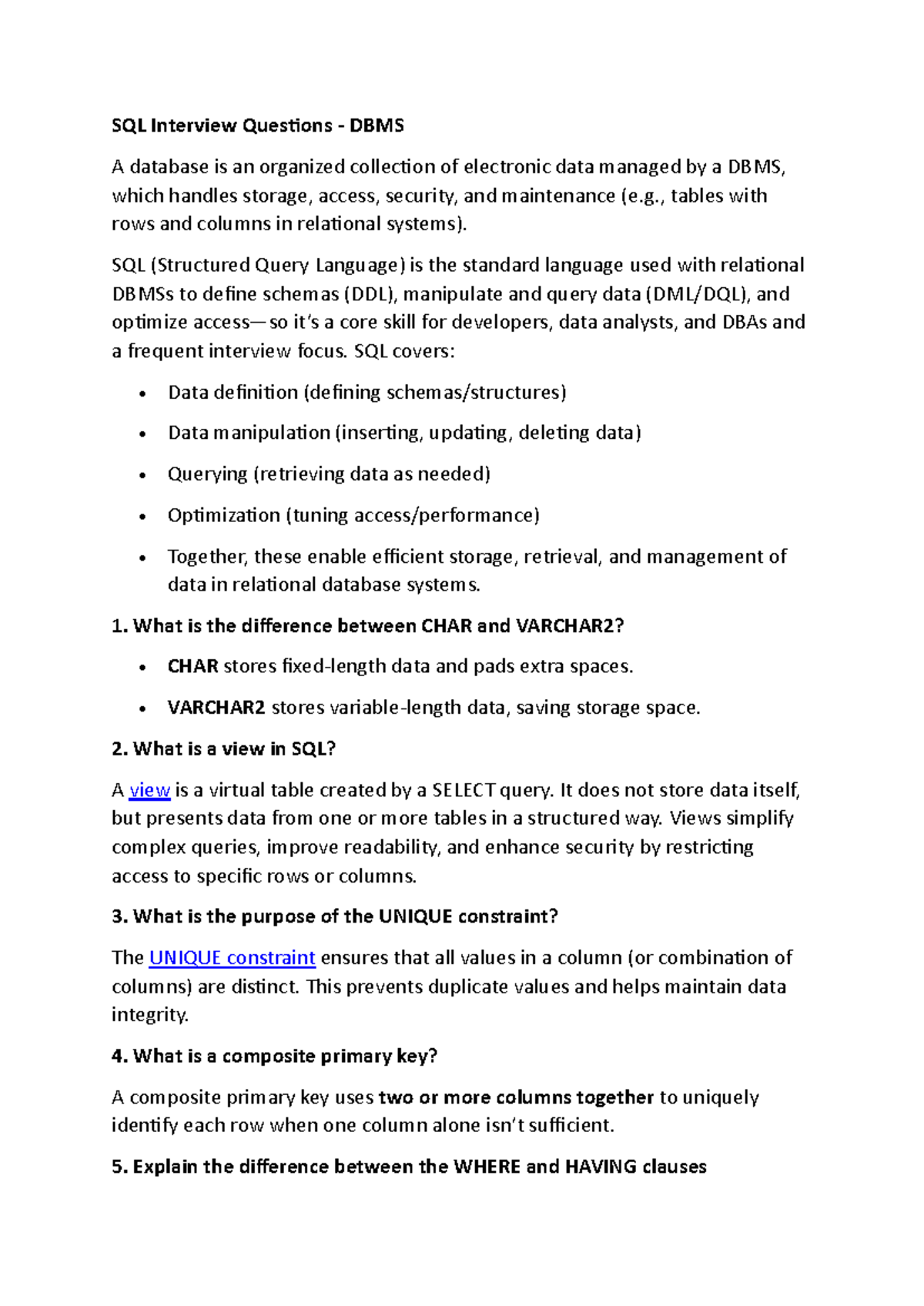 SQL Interview Questions: Key Concepts and Techniques for DBMS - Studocu