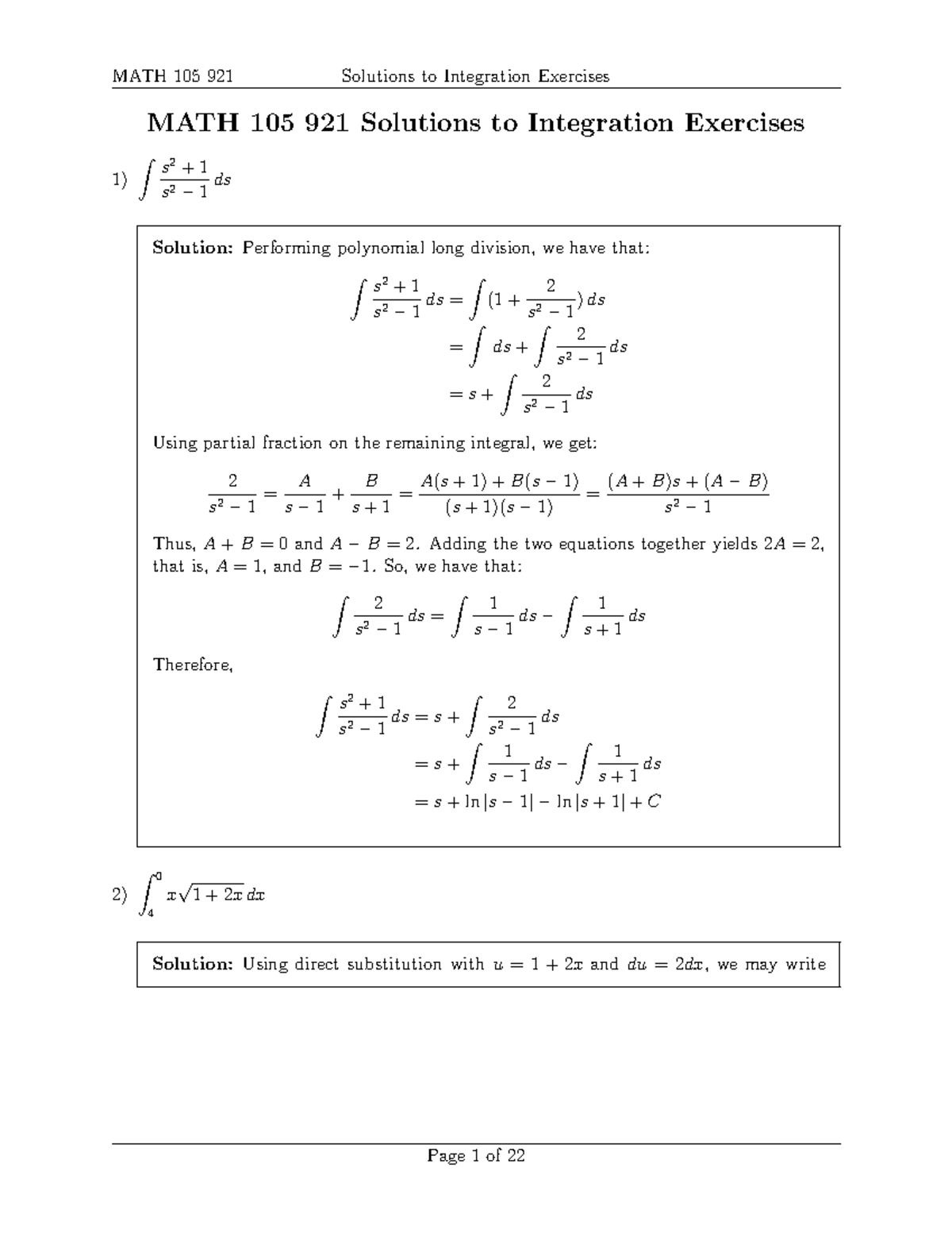 MATH 105 921 Integration Exercises with Detailed Solutions - Studocu