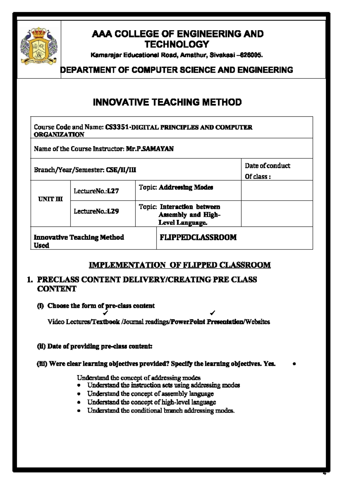 CSE 101: Flipped Classroom Lecture Notes on Addressing Modes and ...