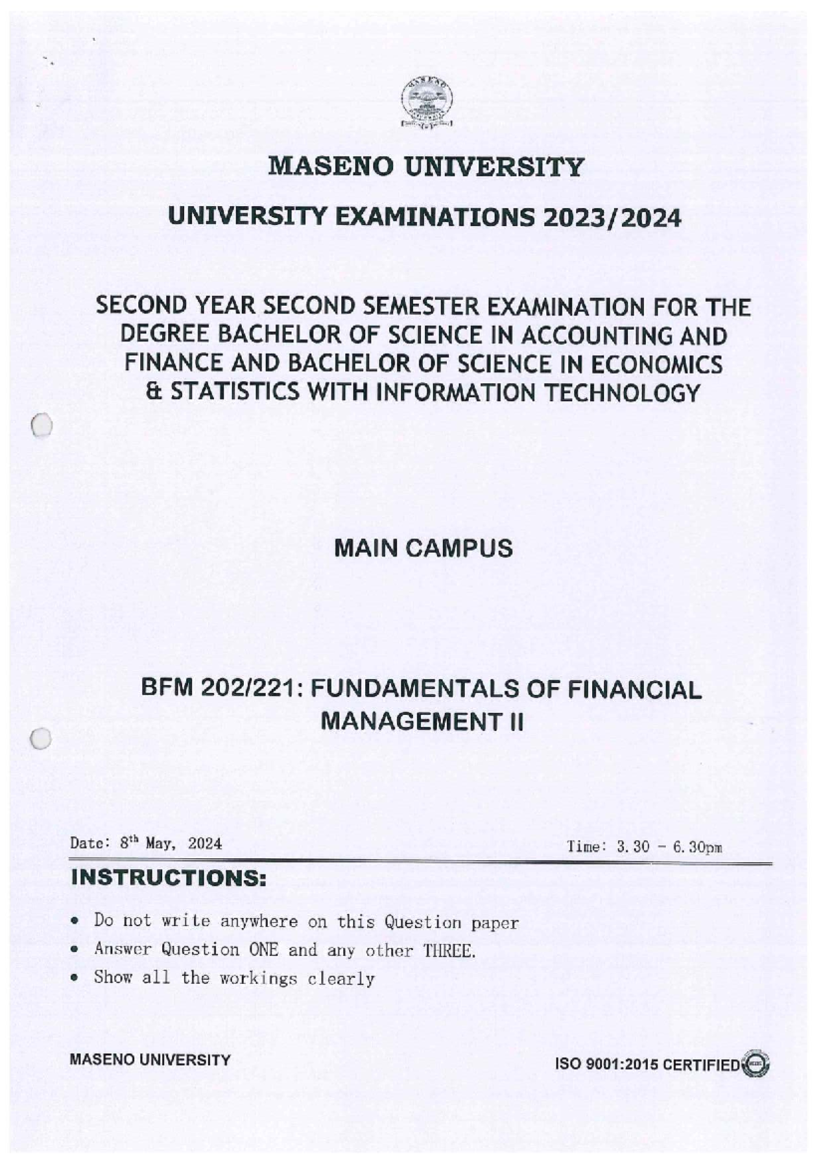 BFM 202 Final Exam: Fundamentals of Financial Management 2024 - Studocu