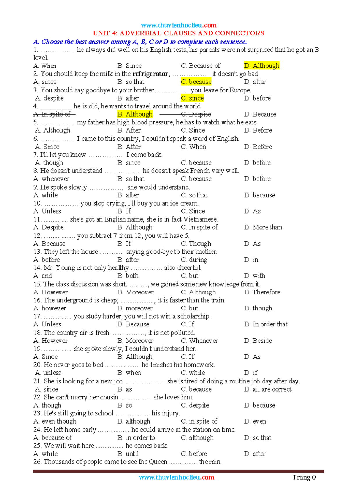 UNIT 4: ADVERBIAL CLAUSES & CONNECTORS EXERCISES - Studocu