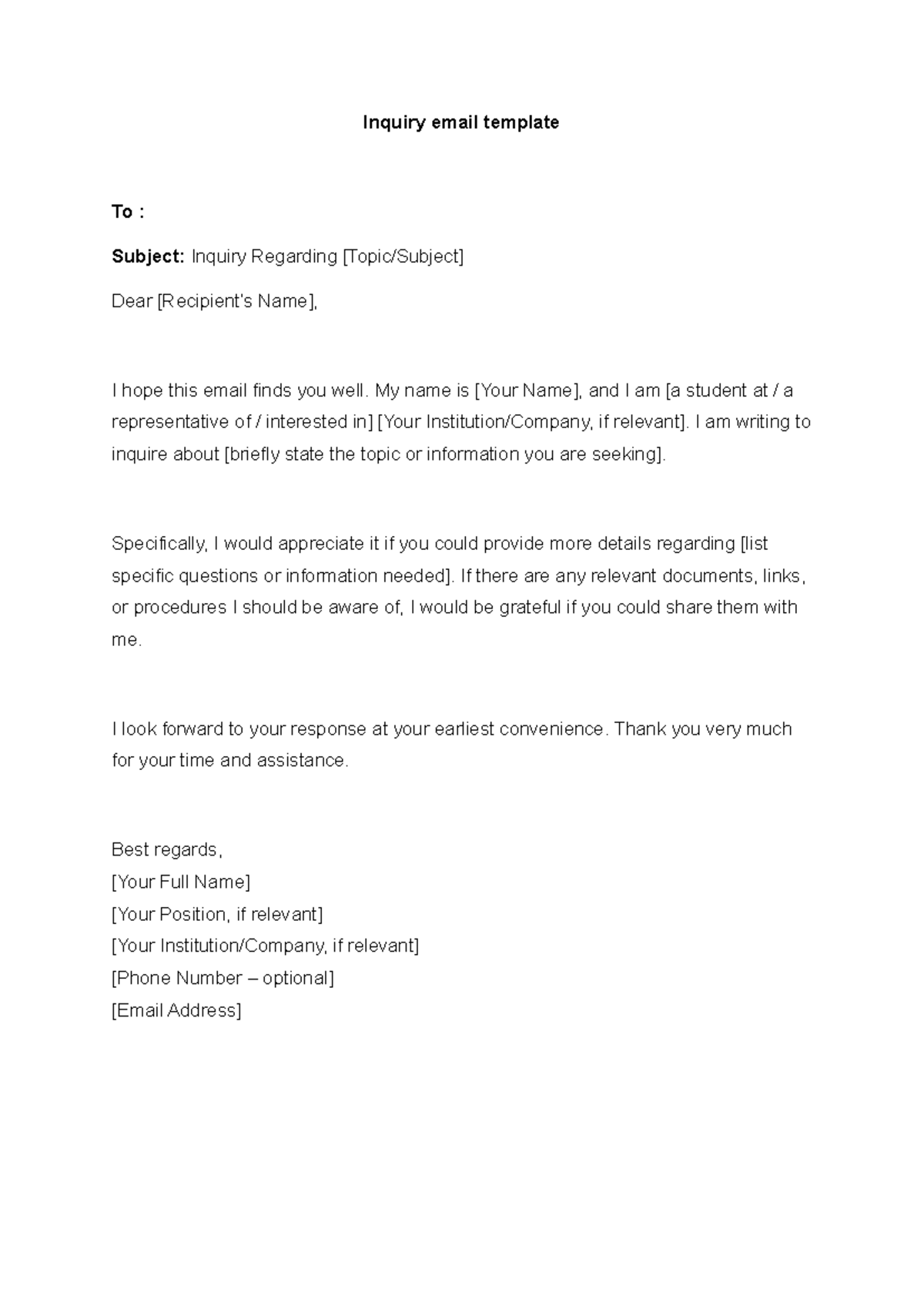 Inquiry Email Template for Academic Inquiries - Studocu