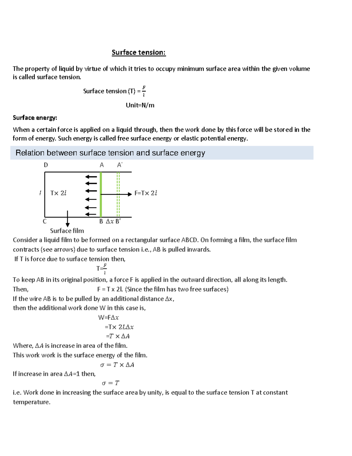 Surface tension - Notes - Surface tension: The property of liquid by ...
