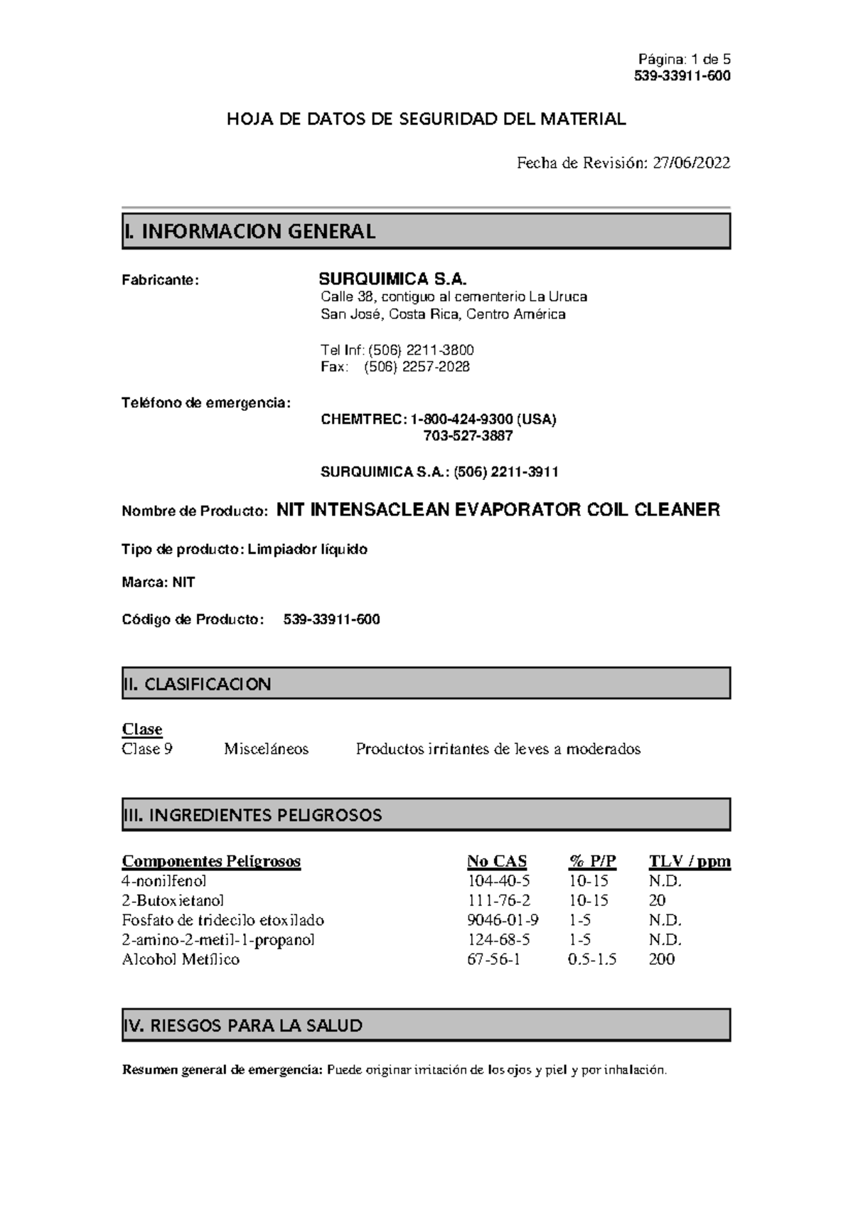 MSDS 539 33911600 - NIT Intensaclean Evaporator Coil Cleaner - Studocu