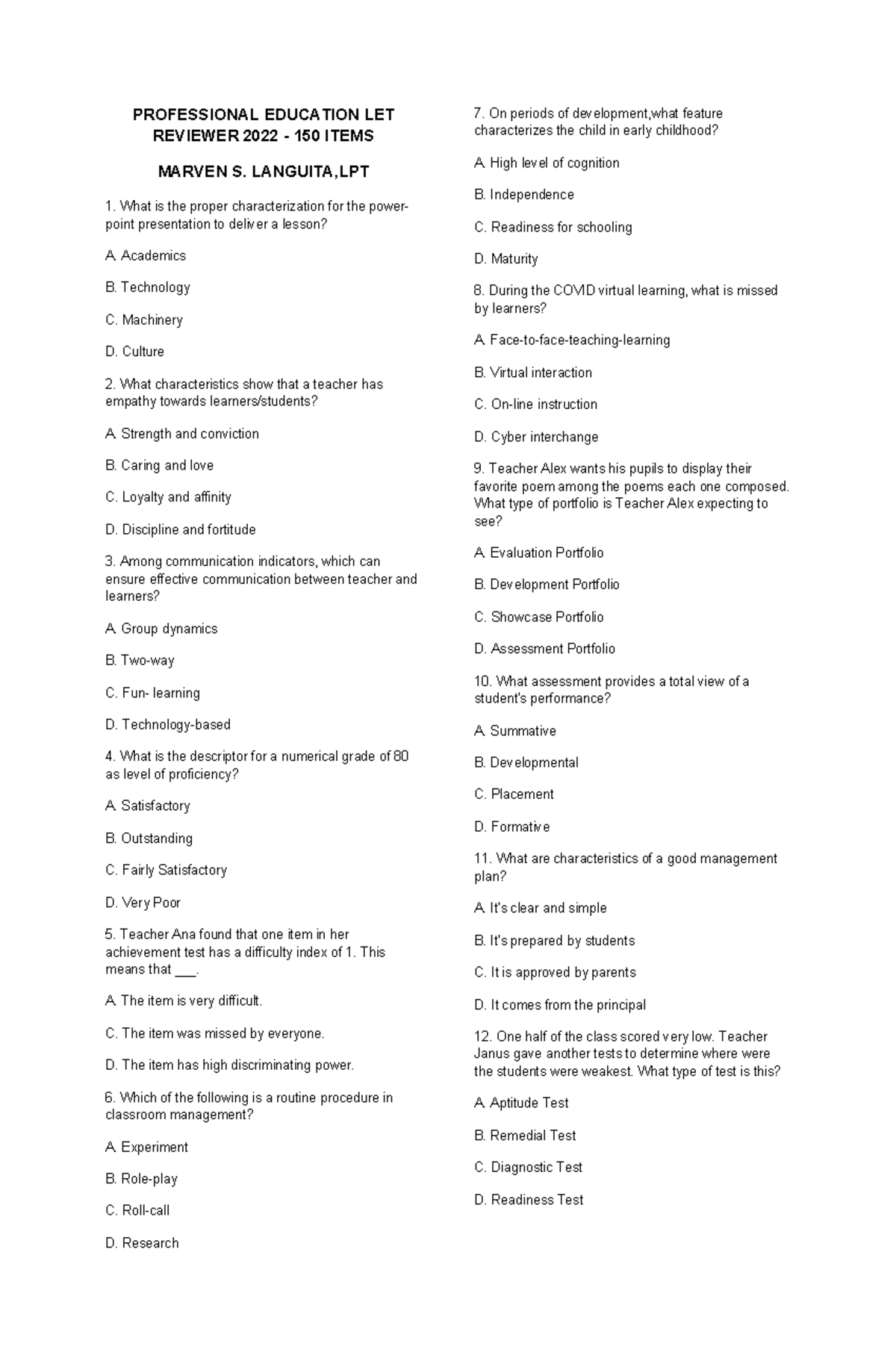 Professional Education LET - 2022 Review Questions and Answers - Studocu