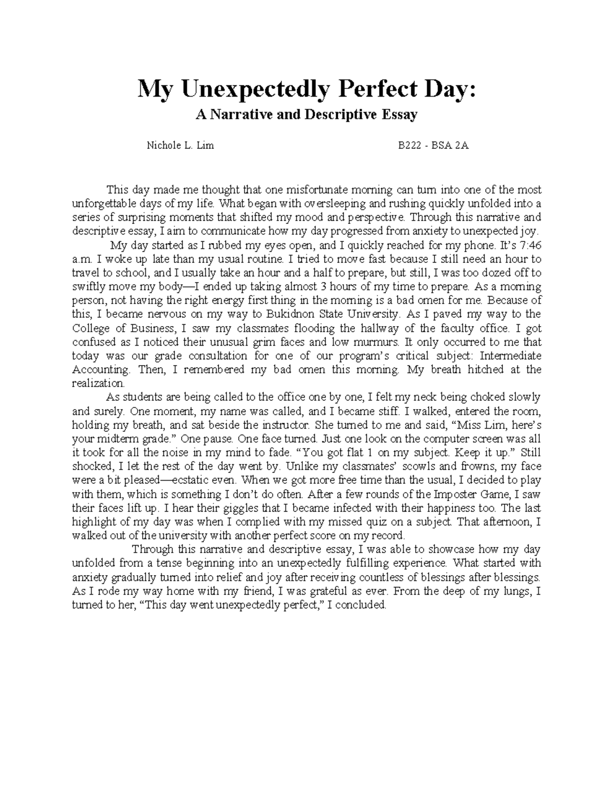 BSA 2A Narrative Essay: My Unexpectedly Perfect Day - Studocu