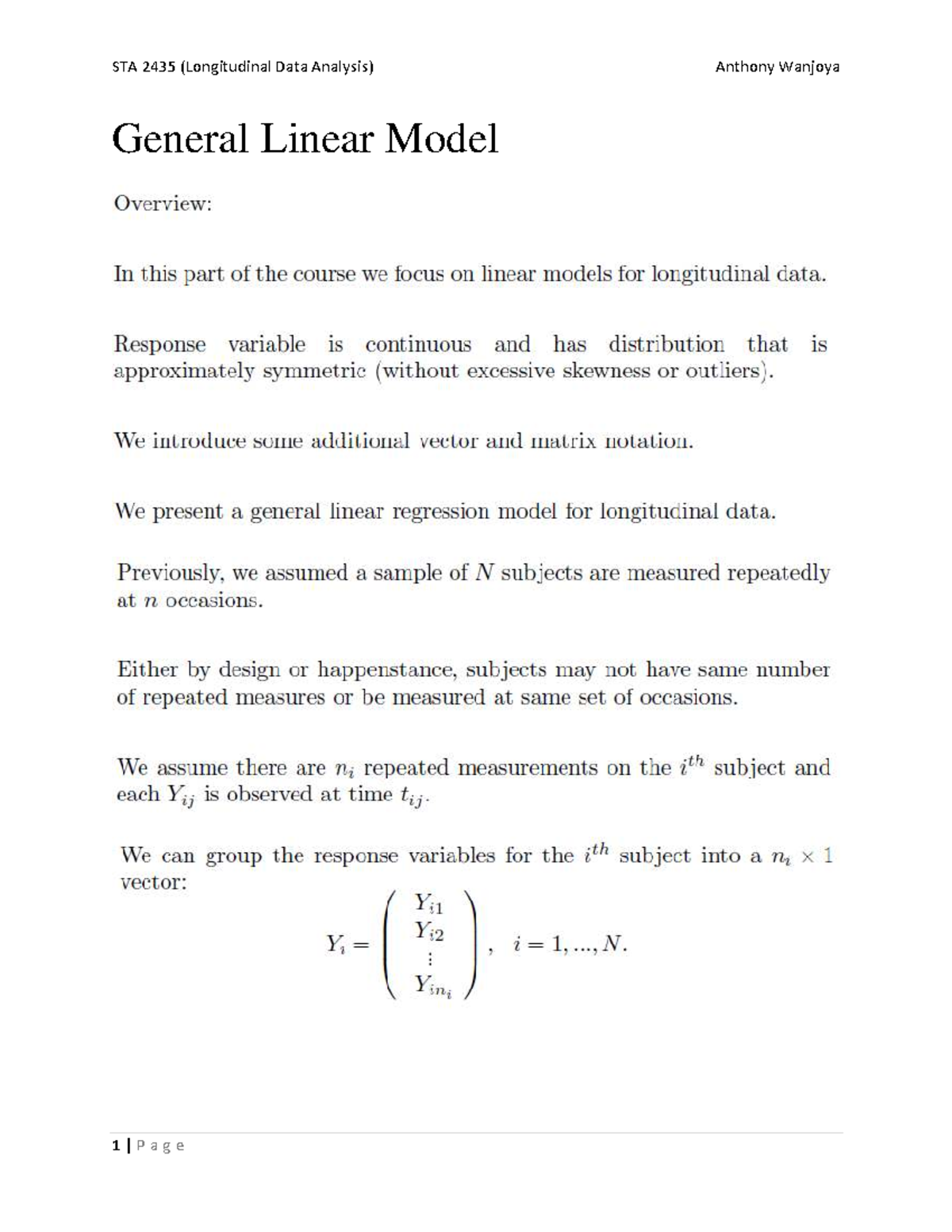 STA 2435 General Linear Model for Longitudinal Data Analysis - Studocu