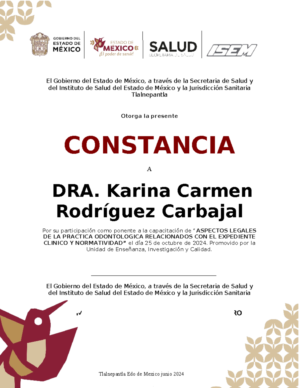 Formato Constancia Ponente 2024 Julio-1 - M. EN G. EN S. KARLA ALETSE ...