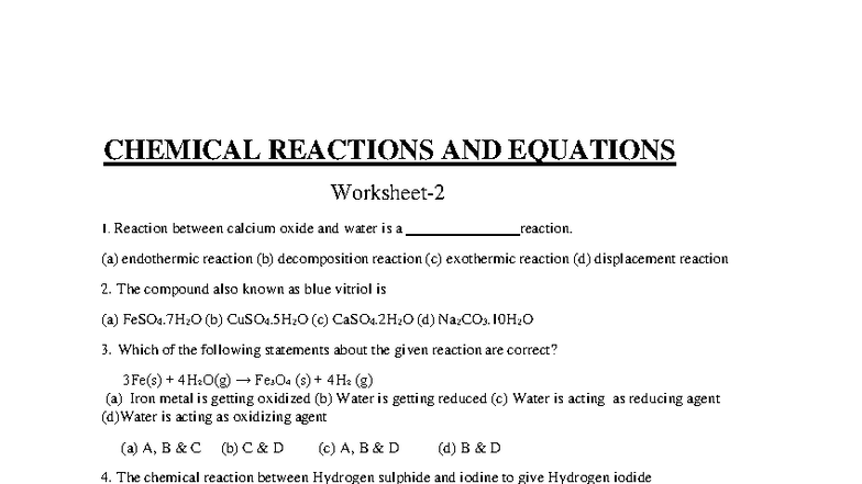 CHEM 101: Worksheet 2 - Chemical Reactions & Equations - Studocu
