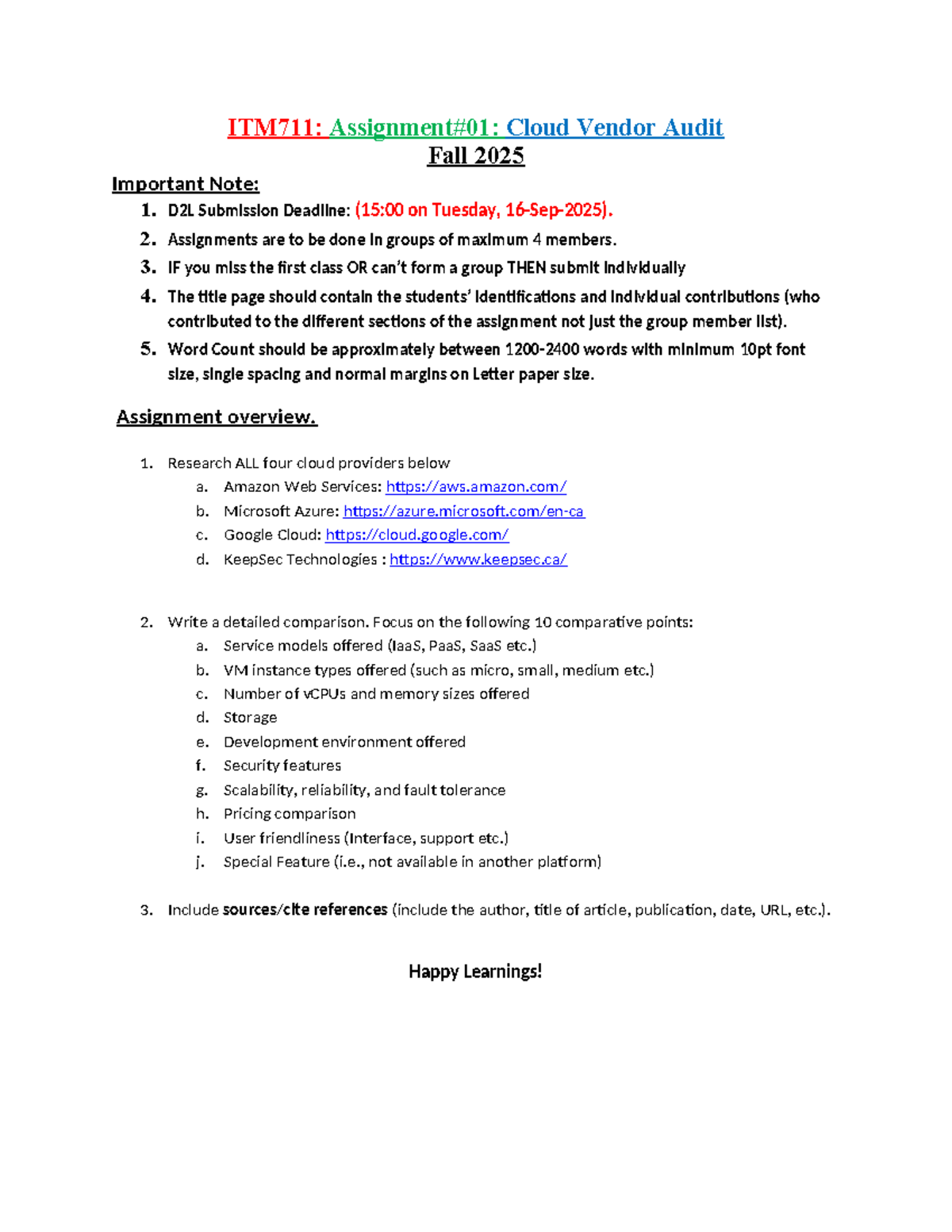 ITM711: Cloud Vendor Audit Assignment Overview & Guidelines F2025 - Studocu