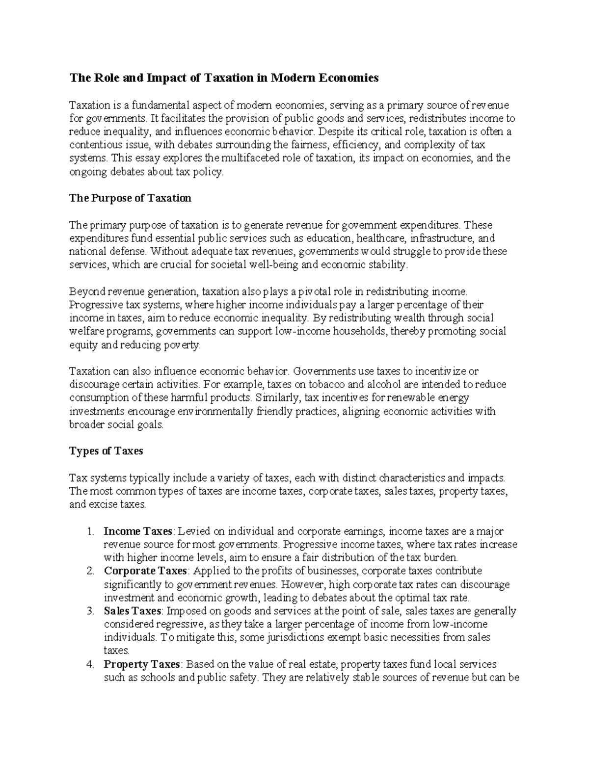 The Impact and Purpose of Taxation in Modern Economies: An Essay - Studocu