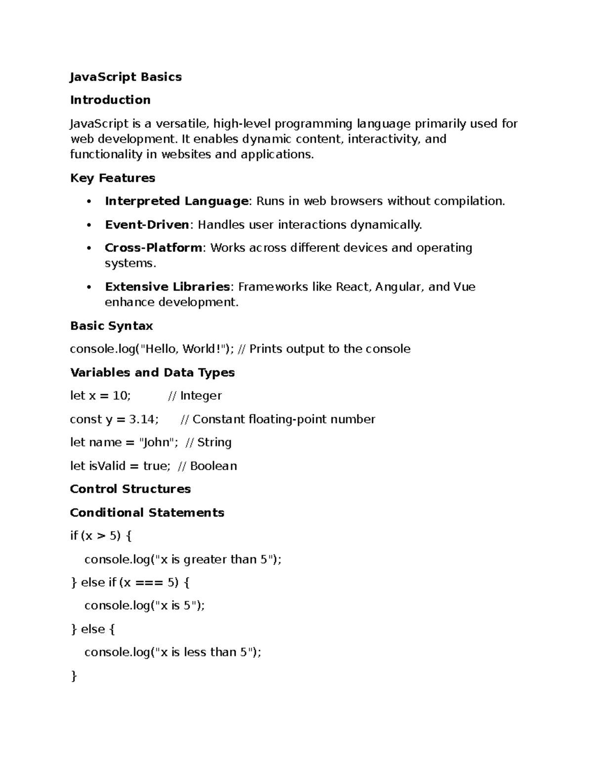 JavaScript Basics: Introduction to Syntax, Variables & Control Structures - Studocu
