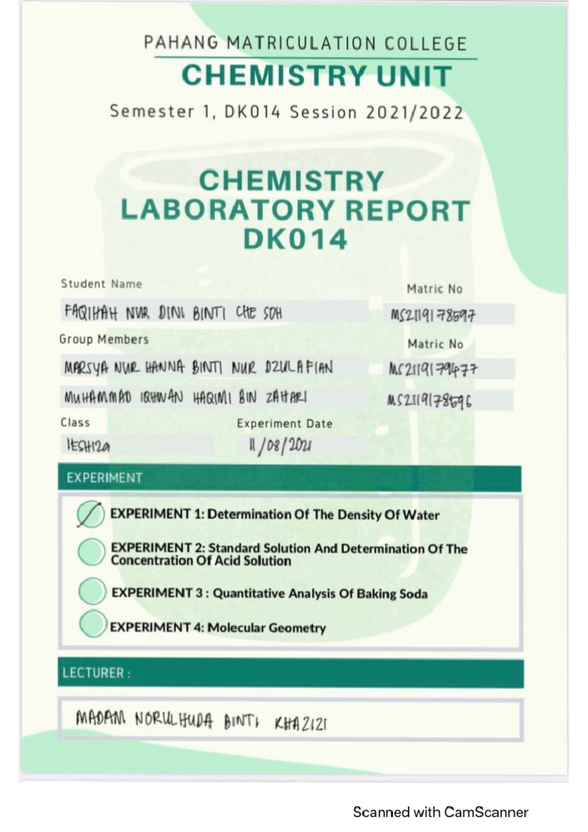 LAB Report DK014: Density Determination of Water Experiment 1 - Studocu