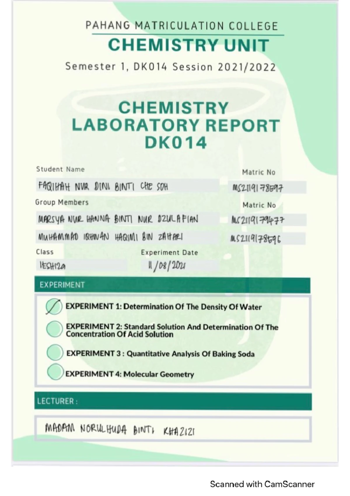 Lab report exp 1 - Lab Report SK025 Session 2021/ CHEMISTRY LAB REPORT SK Student’s Name NUR ...