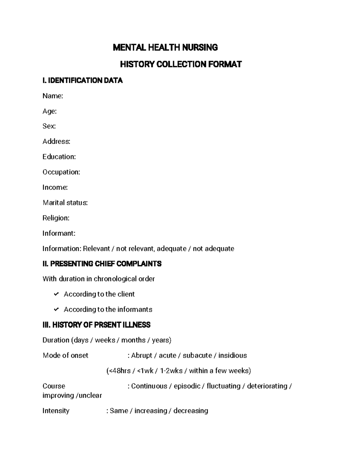 Mental Health Nursing History Collection Format: Comprehensive Guide ...