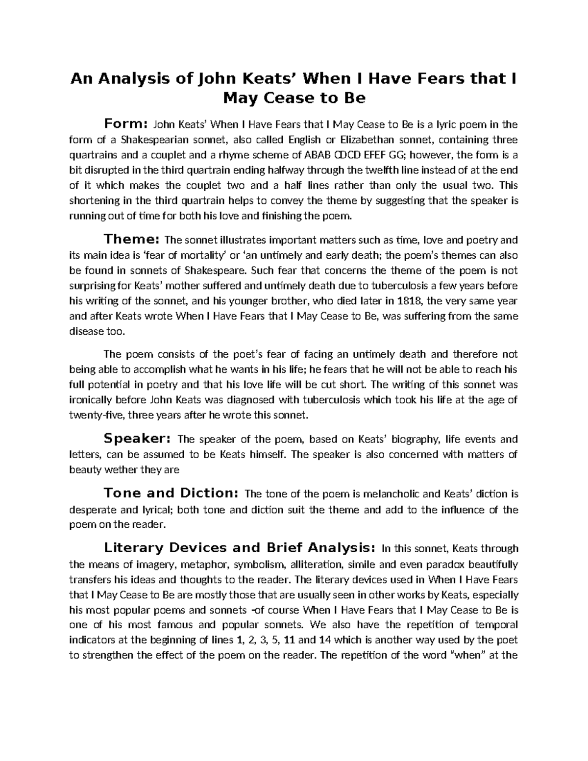 An Analysis of John Keats When I Have Fe - This shortening in the third ...