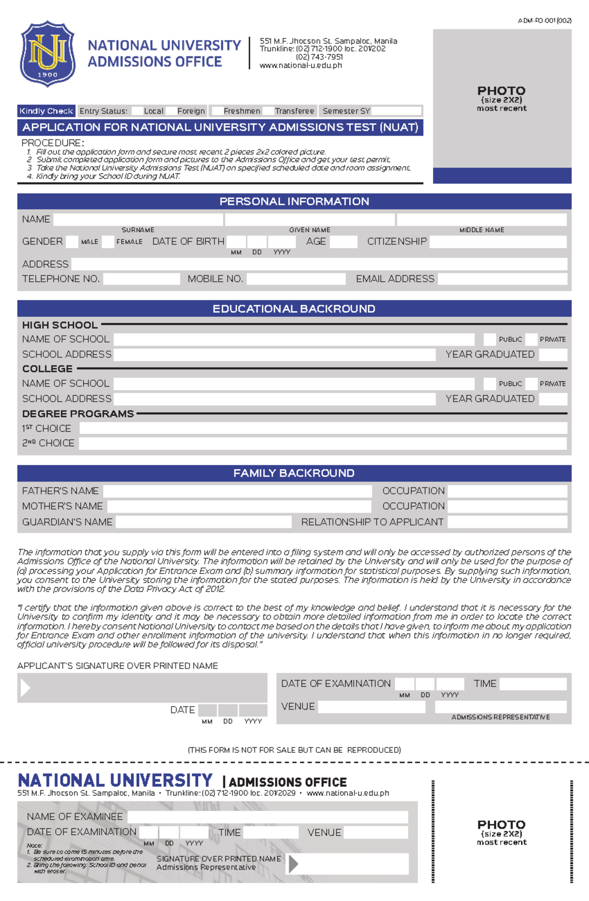 NU-Manila-Application-Form-2017 ver4g5-ADM-FO-001-002 - ADM-FO-001 (002) APPLICATION FOR ...