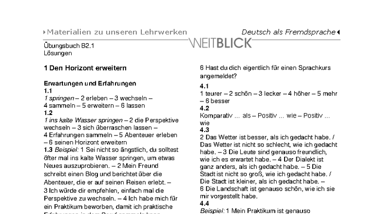 Übungsbuch B2.1 Lösungen - Deutsch als Fremdsprache - Studocu