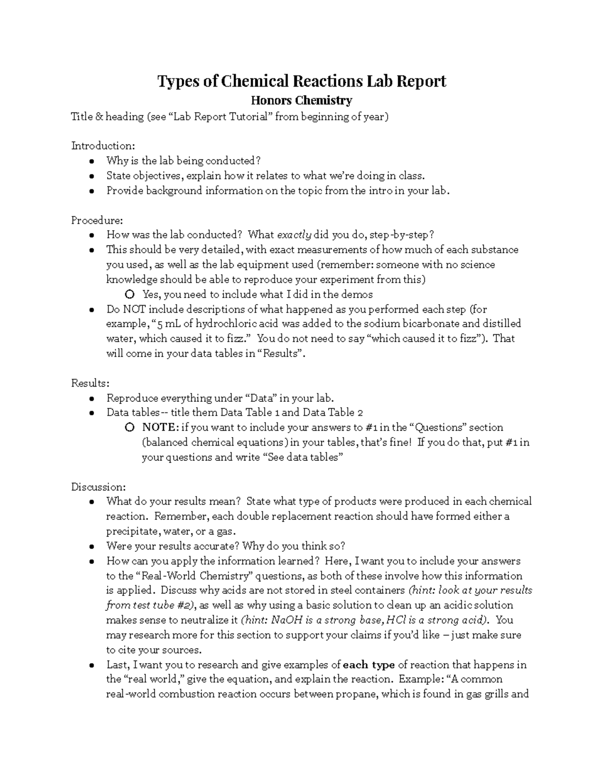 Honors Chemistry: Types of Chemical Reactions Lab Report - Studocu