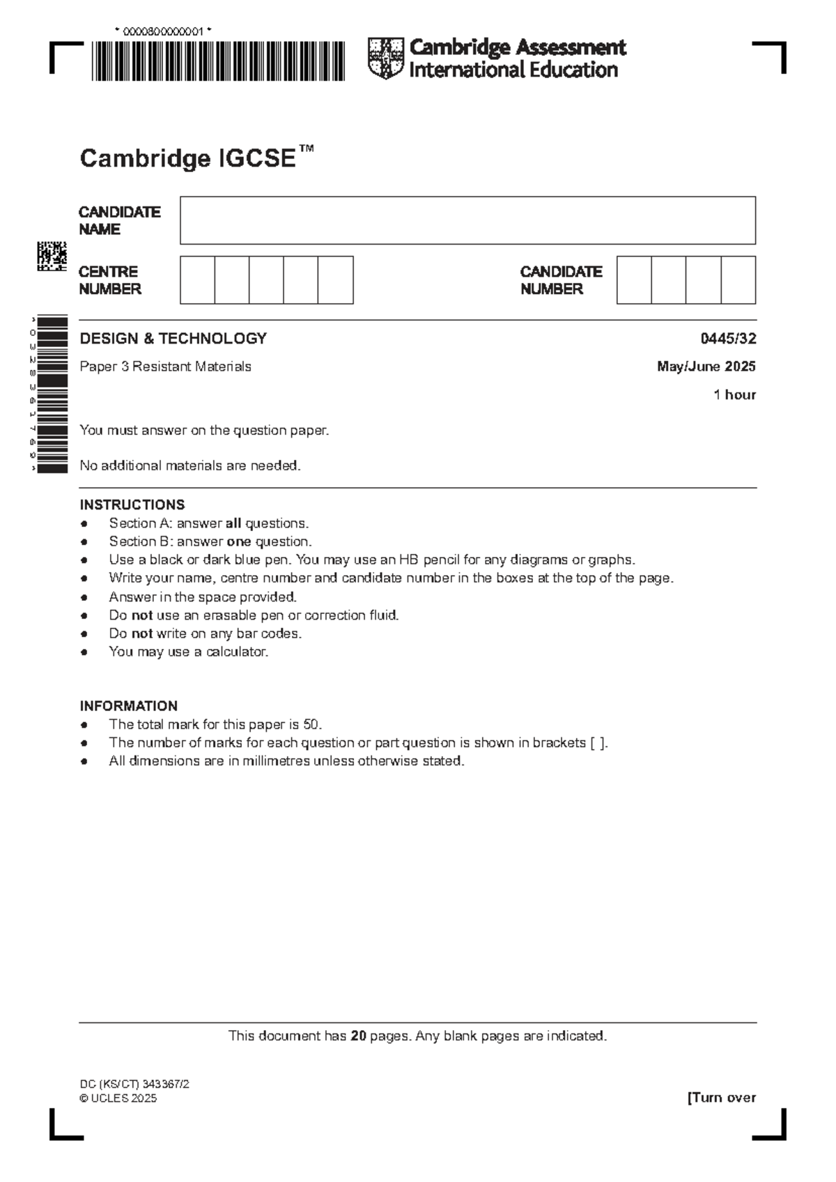 Cambridge 0 4 4 5/32 DESIGN TECHNOLOGY Paper 3 Resistant Materials ...
