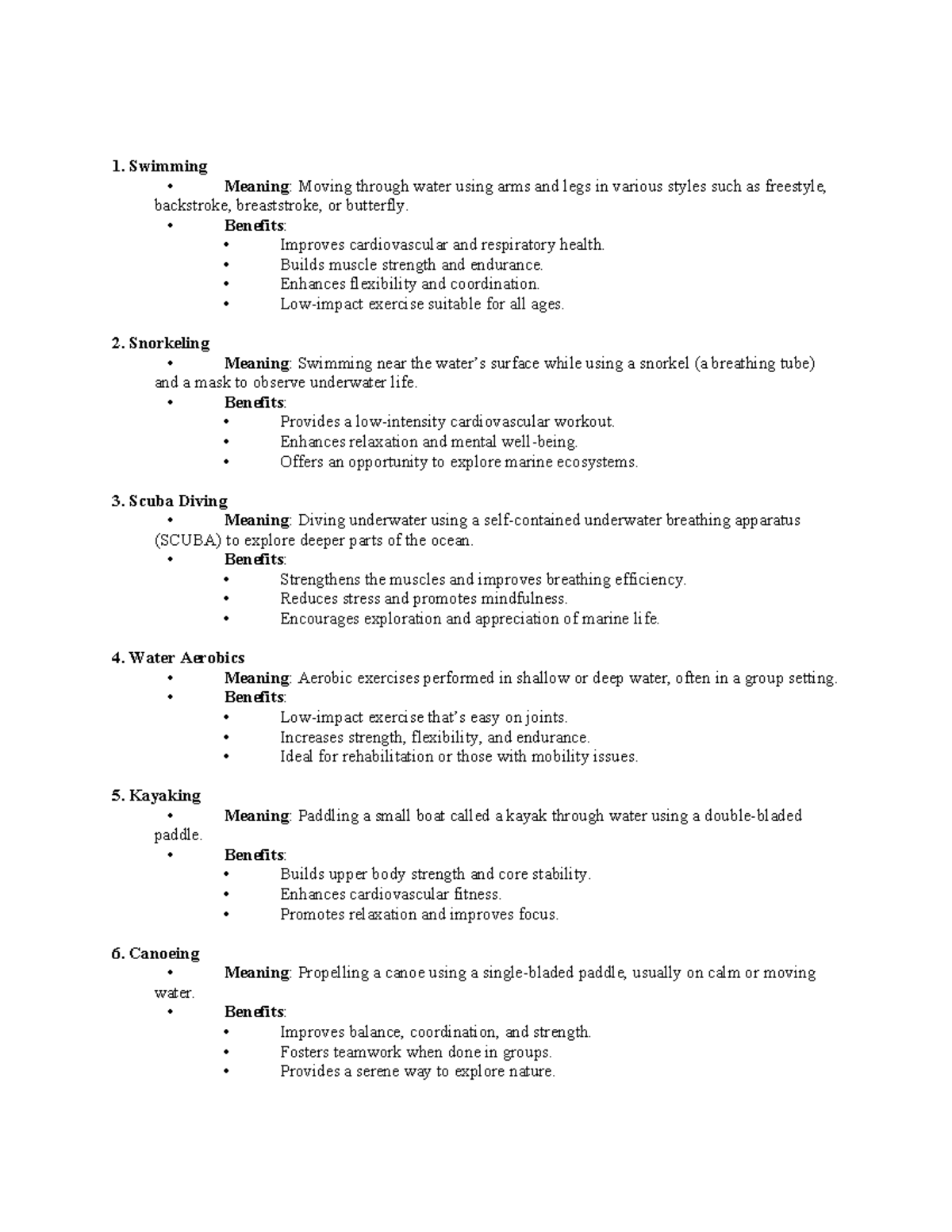 PE - Water Activities Overview: Benefits and Techniques - Studocu