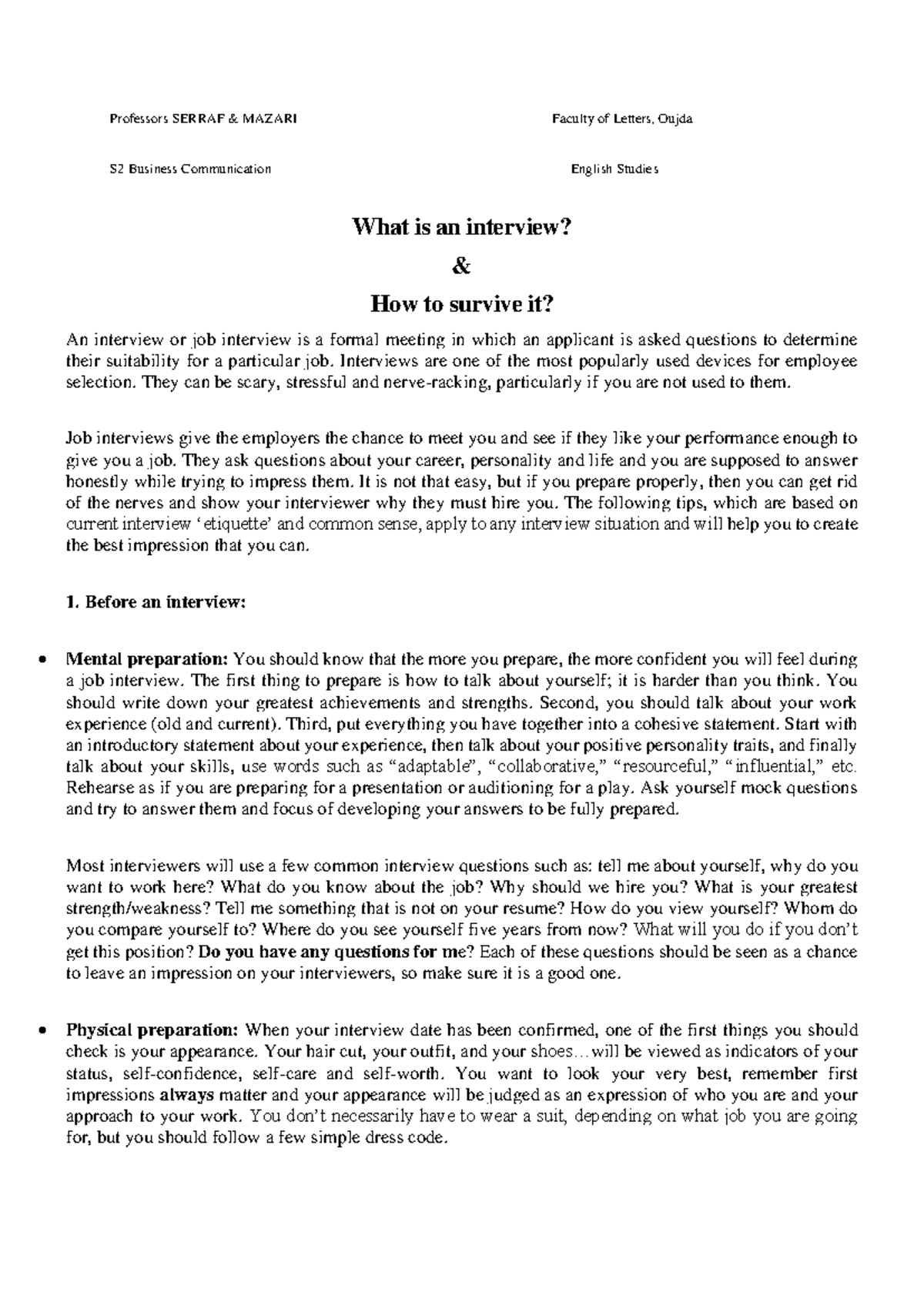 8th class - This lesson provides tips on how to prepare for and survive a job interview. - - Studocu