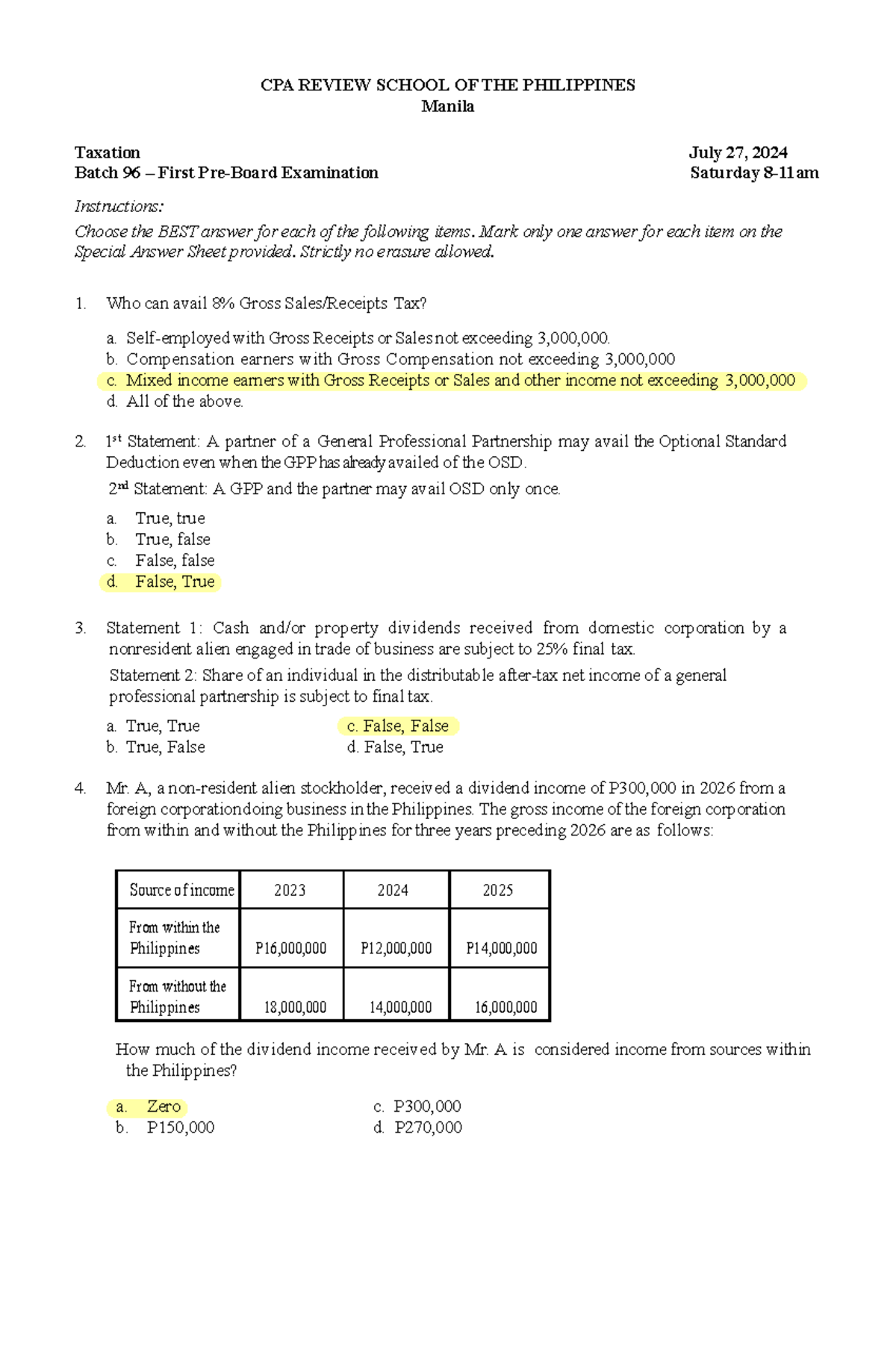 CPAR 96 TAX First Pre-Board Exam - Taxation Review Questions - Studocu