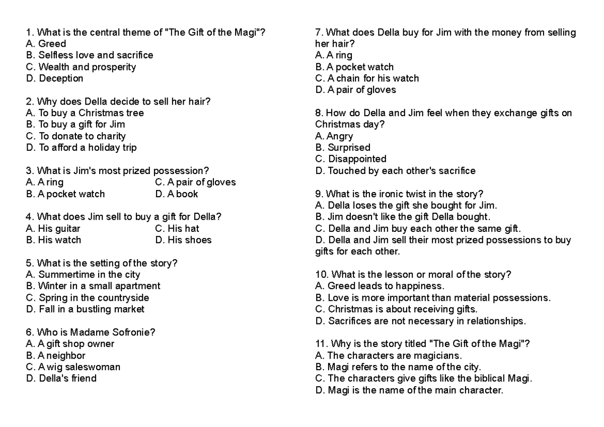 The Gift of the Magi Quiz Questions and Answers - Studocu