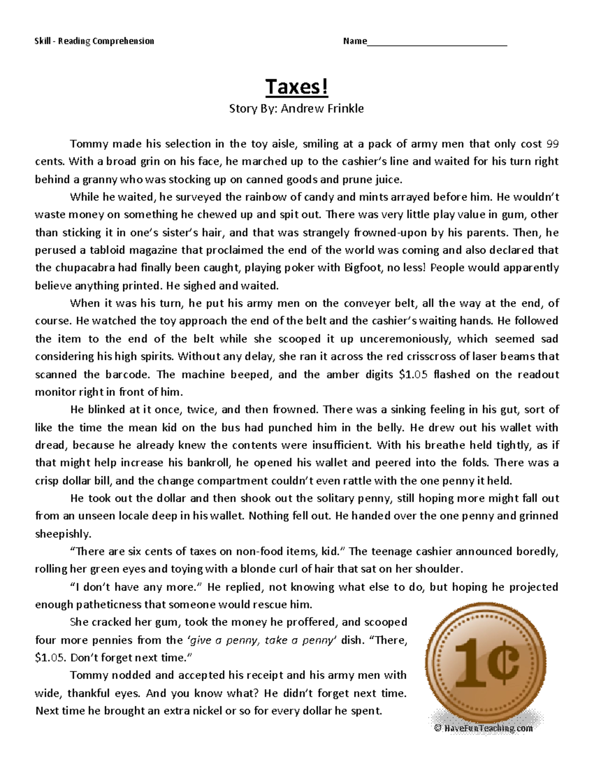 6th Grade Reading Comprehension Worksheet: Taxes Story by Andrew ...