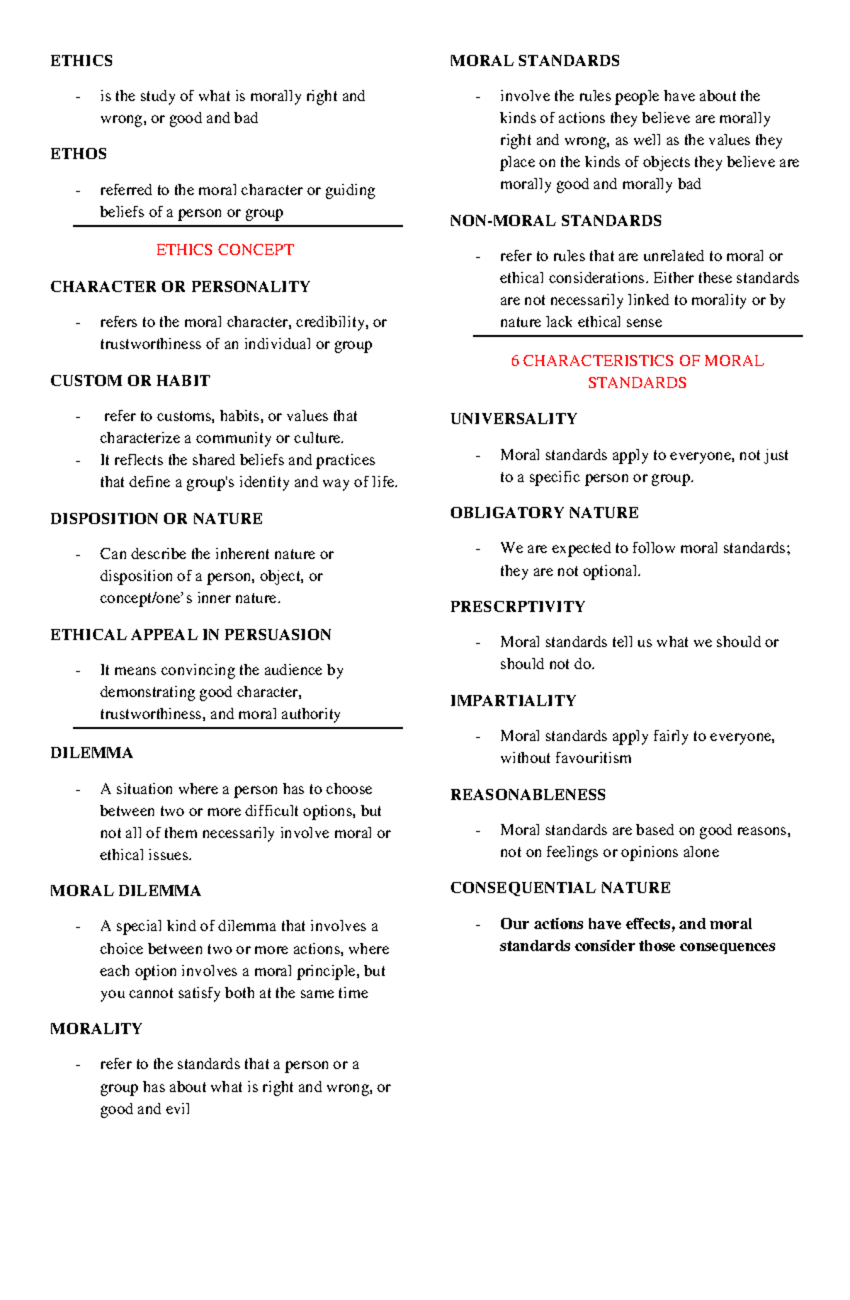 ETHICS 101: Comprehensive Notes on Moral Standards and Dilemmas - Studocu