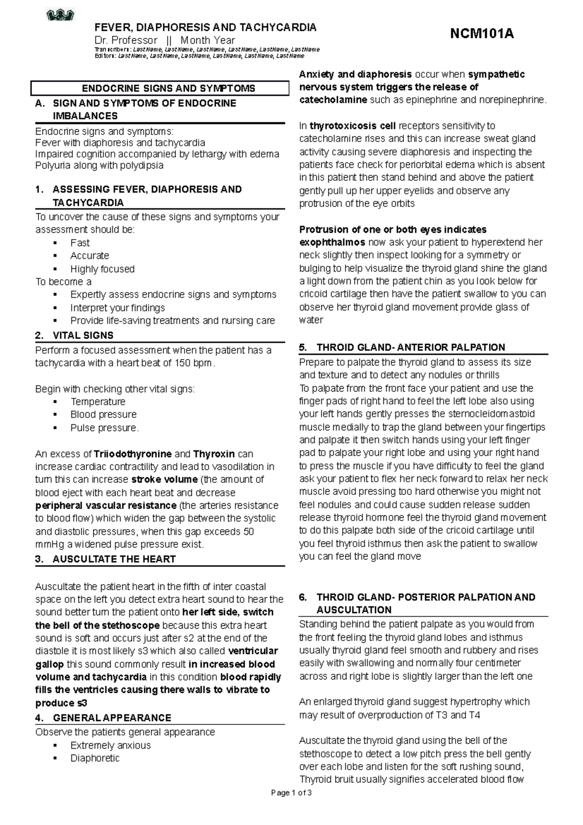 NCM101A Lecture Notes: Fever, Diaphoresis, and Tachycardia in ...
