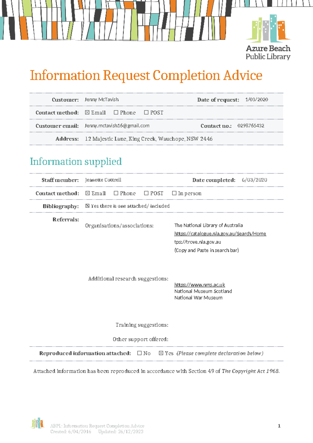 Completed Information request completion form Jenny Mc Tavish ...