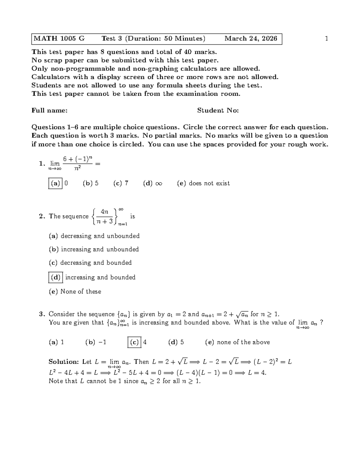 MATH 1005 G Test 3 Solutions - March 24, 2026 - Studocu
