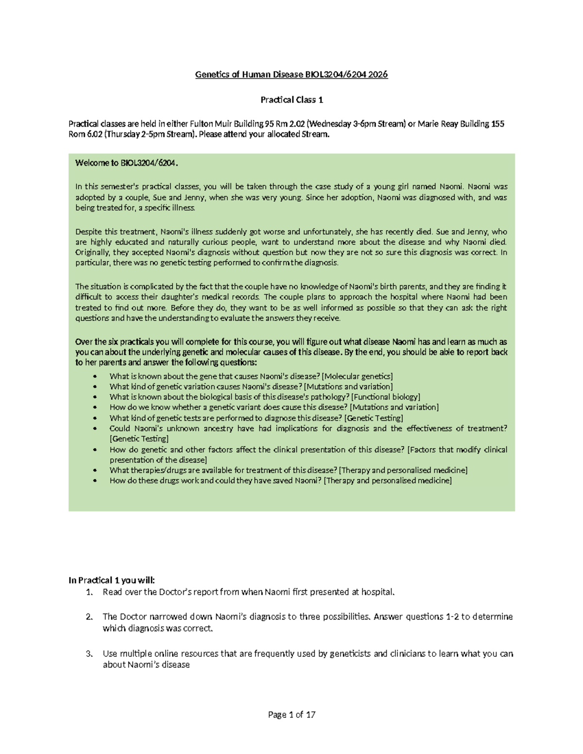 Genetics of Human Disease 2026: Practical Class 1 Worksheet - Studocu