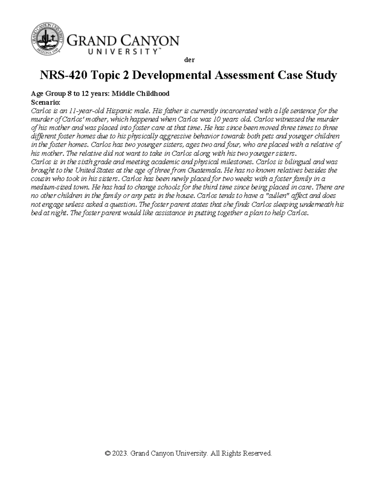 NRS 420 RS T2 Developmental Assessment Case Study on Middle Childhood ...