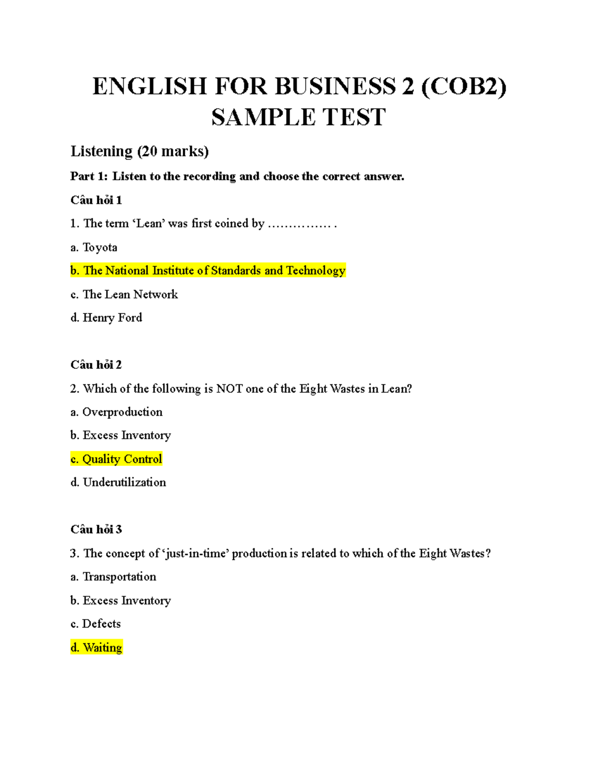 Key Sample Test for English for Business 2 (COB2) - Studocu