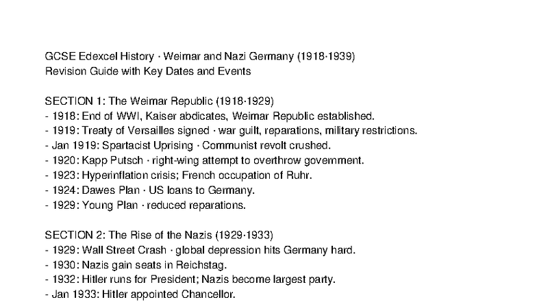 GCSE Edexcel History: Weimar & Nazi Germany Revision Guide - Studocu